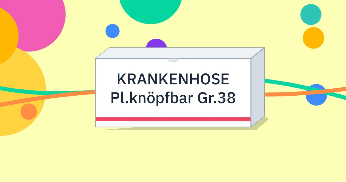 Symbolbild: Packung mit der Aufschrift KRANKENHOSE Pl.knöpfbar Gr.38 (PZN 01979546) – Verfügbarkeit und Bezug in Apotheken in Frankfurt am Main