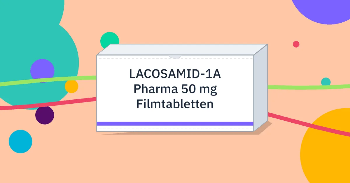 Symbolbild: Packung mit der Aufschrift LACOSAMID-1A Pharma 50 mg Filmtabletten (PZN 17230632) – Verfügbarkeit und Bezug in Apotheken in Frankfurt am Main