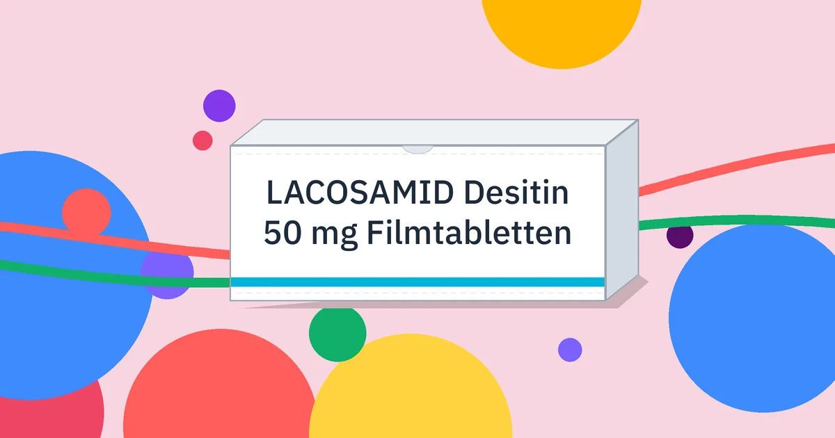 Symbolbild: Packung mit der Aufschrift LACOSAMID Desitin 50 mg Filmtabletten (PZN 17897201) – Verfügbarkeit und Bezug in Apotheken in Frankfurt am Main