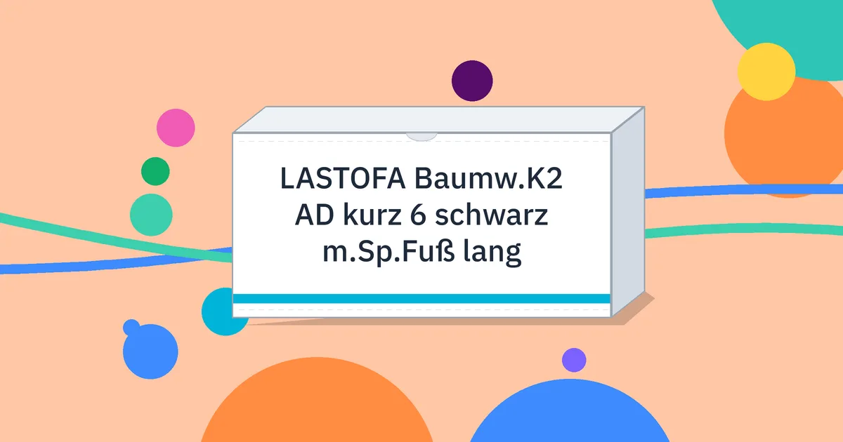 Symbolbild: Packung mit der Aufschrift LASTOFA Baumw.K2 AD kurz 6 schwarz m.Sp.Fuß lang (PZN 01945234) – Verfügbarkeit und Bezug in Apotheken in Frankfurt am Main