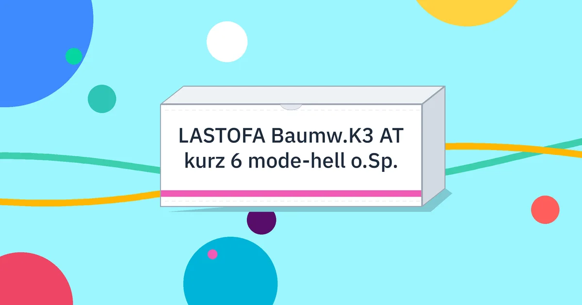 Symbolbild: Packung mit der Aufschrift LASTOFA Baumw.K3 AT kurz 6 mode-hell o.Sp. (PZN 01959377) – Verfügbarkeit und Bezug in Apotheken in Frankfurt am Main
