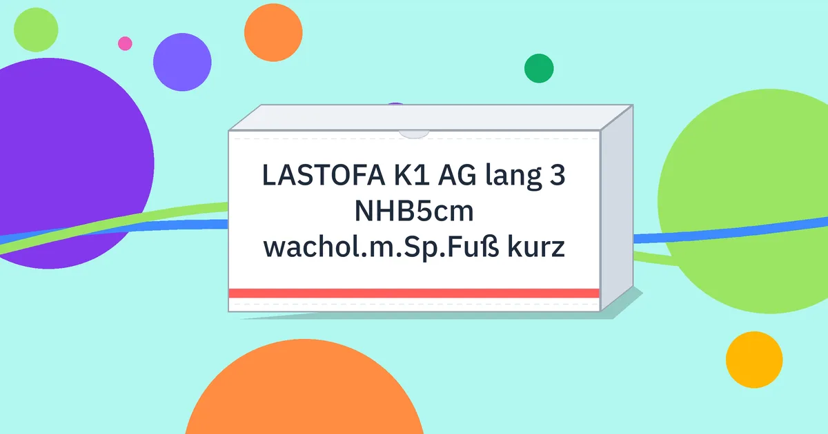 Symbolbild: Packung mit der Aufschrift LASTOFA K1 AG lang 3 NHB5cm wachol.m.Sp.Fuß kurz (PZN 13790995) – Verfügbarkeit und Bezug in Apotheken in Frankfurt am Main
