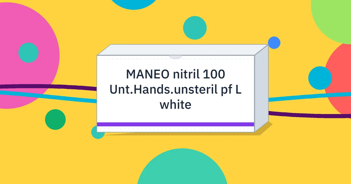 Symbolbild: Packung mit der Aufschrift MANEO nitril 100 Unt.Hands.unsteril pf L white (PZN 19689895) – Verfügbarkeit und Bezug in Apotheken in Frankfurt am Main
