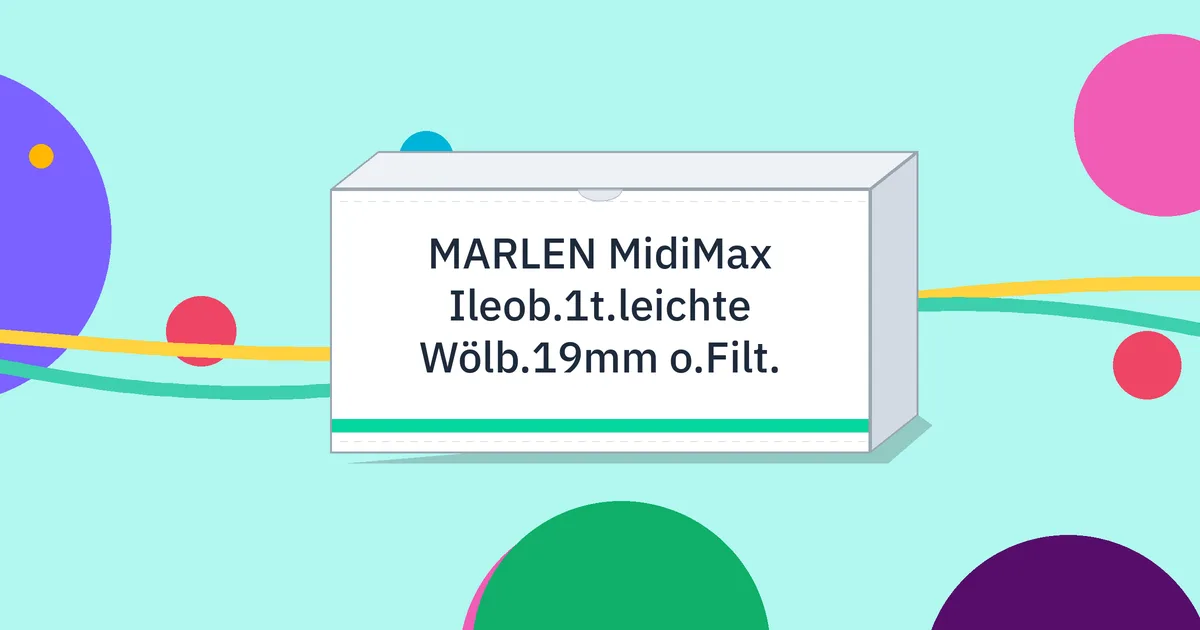 Symbolbild: Packung mit der Aufschrift MARLEN MidiMax Ileob.1t.leichte Wölb.19mm o.Filt. (PZN 16658463) – Verfügbarkeit und Bezug in Apotheken in Frankfurt am Main