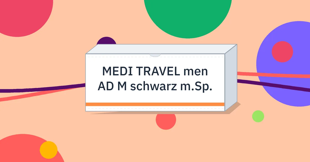 Symbolbild: Packung mit der Aufschrift MEDI TRAVEL men AD M schwarz m.Sp. (PZN 07668770) – Verfügbarkeit und Bezug in Apotheken in Frankfurt am Main