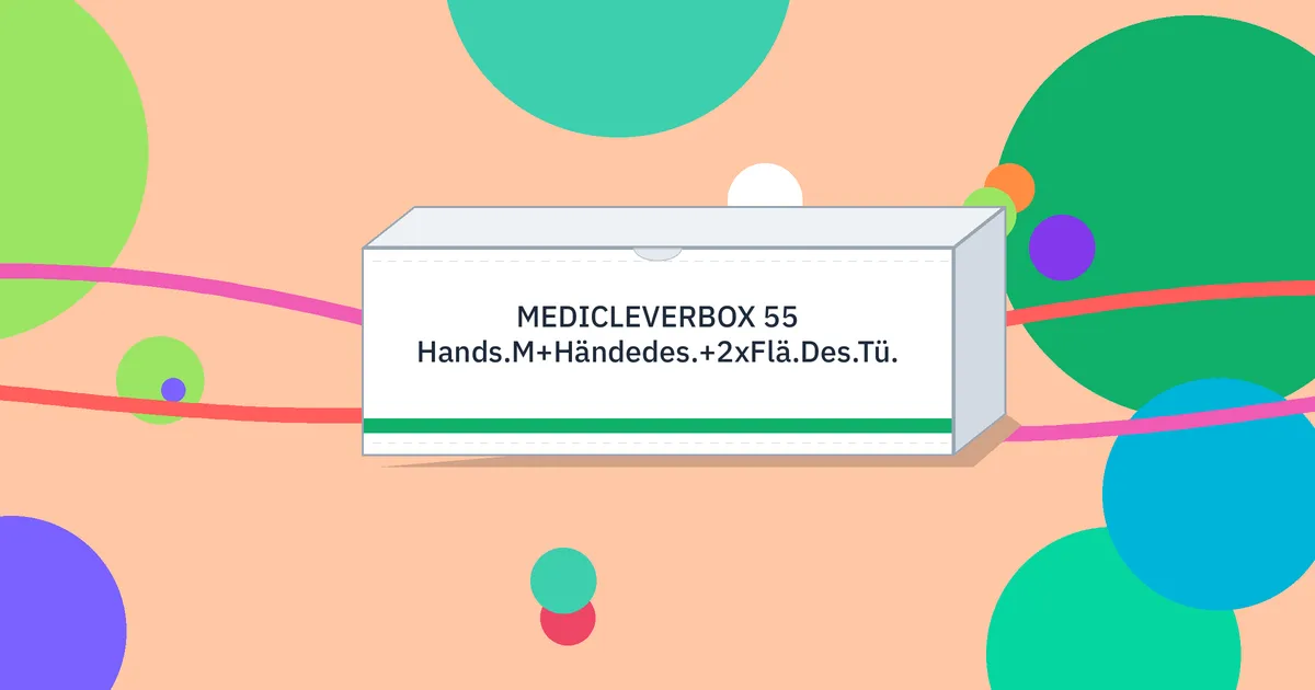 Symbolbild: Packung mit der Aufschrift MEDICLEVERBOX 55 Hands.M+Händedes.+2xFlä.Des.Tü. (PZN 19335660) – Verfügbarkeit und Bezug in Apotheken in Frankfurt am Main