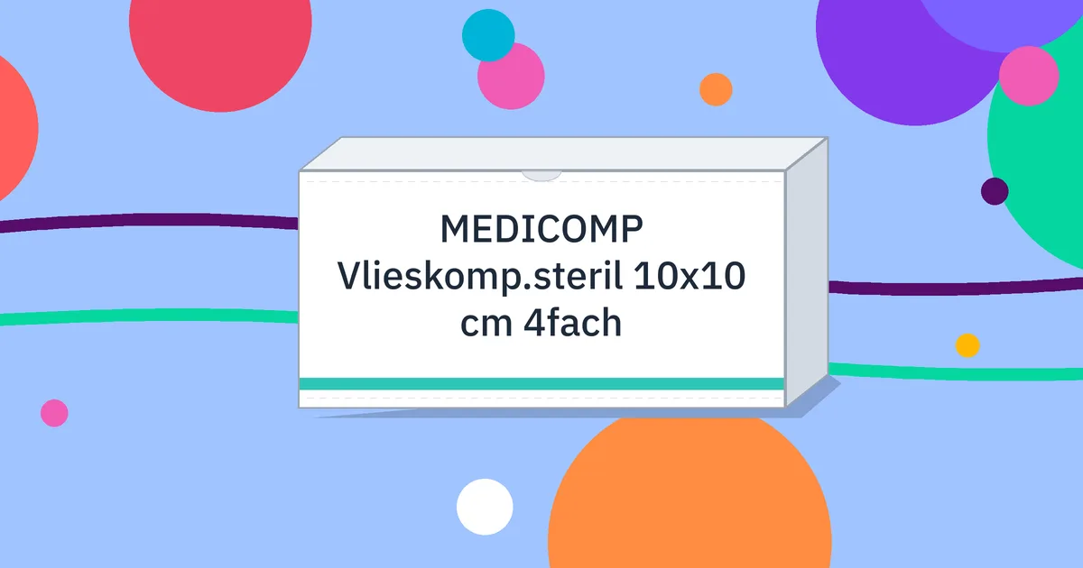 Symbolbild: Packung mit der Aufschrift MEDICOMP Vlieskomp.steril 10x10 cm 4fach (PZN 16585445) – Verfügbarkeit und Bezug in Apotheken in Frankfurt am Main