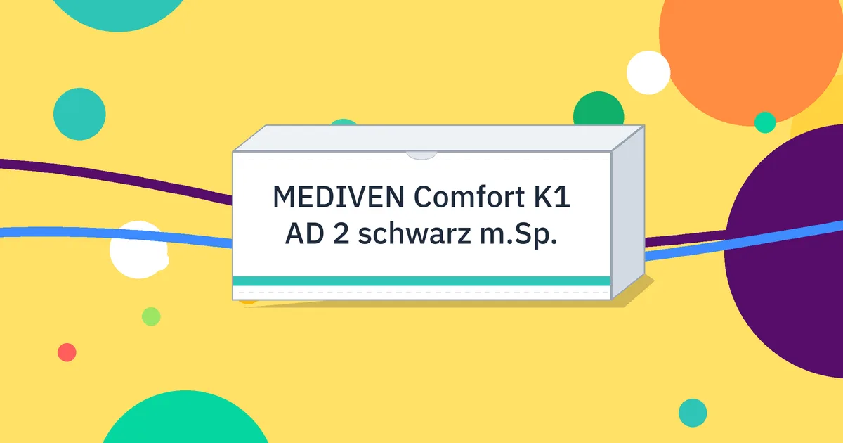 Symbolbild: Packung mit der Aufschrift MEDIVEN Comfort K1 AD 2 schwarz m.Sp. (PZN 04418475) – Verfügbarkeit und Bezug in Apotheken in Frankfurt am Main