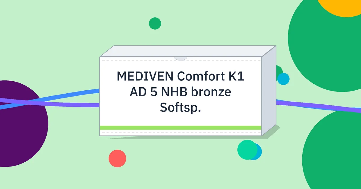 Symbolbild: Packung mit der Aufschrift MEDIVEN Comfort K1 AD 5 NHB bronze Softsp. (PZN 14560553) – Verfügbarkeit und Bezug in Apotheken in Frankfurt am Main