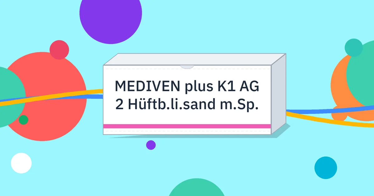 Symbolbild: Packung mit der Aufschrift MEDIVEN plus K1 AG 2 Hüftb.li.sand m.Sp. (PZN 18938681) – Verfügbarkeit und Bezug in Apotheken in Frankfurt am Main