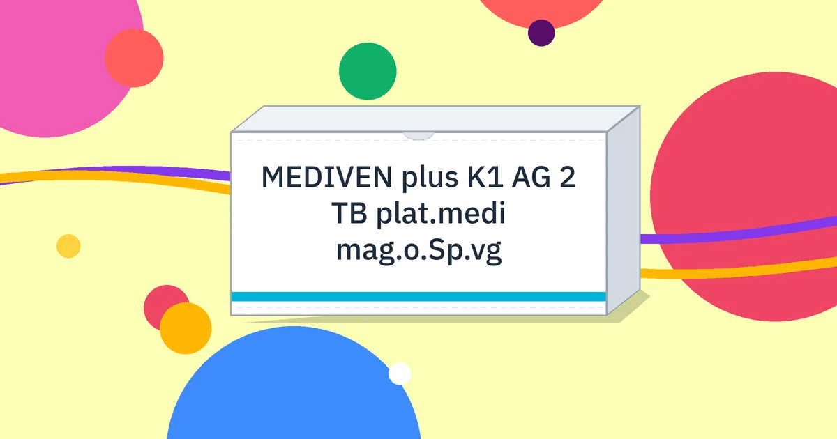 Symbolbild: Packung mit der Aufschrift MEDIVEN plus K1 AG 2 TB plat.medi mag.o.Sp.vg (PZN 15060232) – Verfügbarkeit und Bezug in Apotheken in Frankfurt am Main