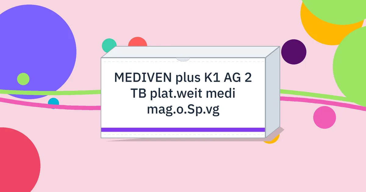 Symbolbild: Packung mit der Aufschrift MEDIVEN plus K1 AG 2 TB plat.weit medi mag.o.Sp.vg (PZN 15061527) – Verfügbarkeit und Bezug in Apotheken in Frankfurt am Main