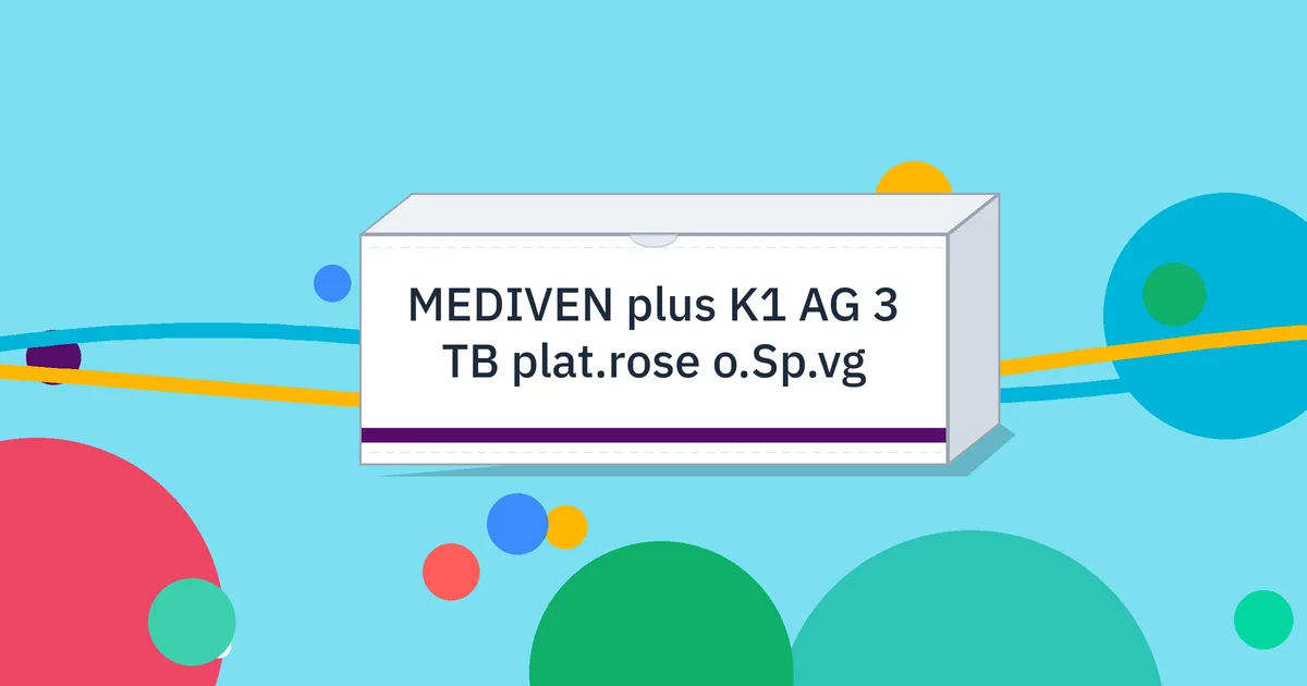 Symbolbild: Packung mit der Aufschrift MEDIVEN plus K1 AG 3 TB plat.rose o.Sp.vg (PZN 15060025) – Verfügbarkeit und Bezug in Apotheken in Frankfurt am Main