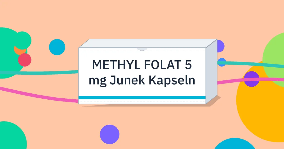 Symbolbild: Packung mit der Aufschrift METHYL FOLAT 5 mg Junek Kapseln (PZN 20051867) – Verfügbarkeit und Bezug in Apotheken in Frankfurt am Main
