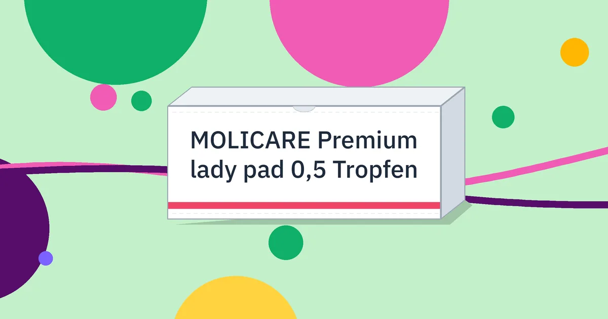 Symbolbild: Packung mit der Aufschrift MOLICARE Premium lady pad 0,5 Tropfen (PZN 15424674) – Verfügbarkeit und Bezug in Apotheken in Frankfurt am Main