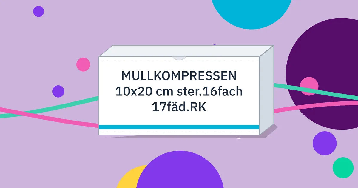 Symbolbild: Packung mit der Aufschrift MULLKOMPRESSEN 10x20 cm ster.16fach 17fäd.RK (PZN 06931604) – Verfügbarkeit und Bezug in Apotheken in Frankfurt am Main