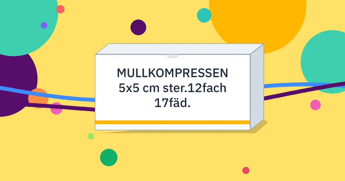 Symbolbild: Packung mit der Aufschrift MULLKOMPRESSEN 5x5 cm ster.12fach 17fäd. (PZN 06929889) – Verfügbarkeit und Bezug in Apotheken in Frankfurt am Main