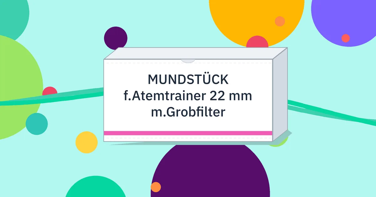 Symbolbild: Packung mit der Aufschrift MUNDSTÜCK f.Atemtrainer 22 mm m.Grobfilter (PZN 04183351) – Verfügbarkeit und Bezug in Apotheken in Frankfurt am Main