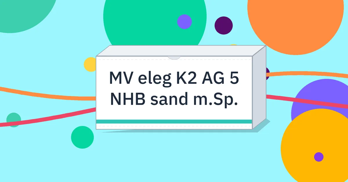 Symbolbild: Packung mit der Aufschrift MV eleg K2 AG 5 NHB sand m.Sp. (PZN 18929050) – Verfügbarkeit und Bezug in Apotheken in Frankfurt am Main