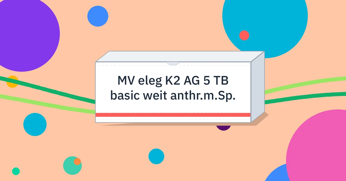 Symbolbild: Packung mit der Aufschrift MV eleg K2 AG 5 TB basic weit anthr.m.Sp. (PZN 00205386) – Verfügbarkeit und Bezug in Apotheken in Frankfurt am Main