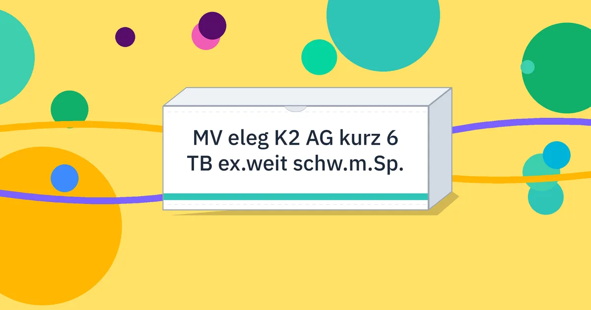 Symbolbild: Packung mit der Aufschrift MV eleg K2 AG kurz 6 TB ex.weit schw.m.Sp. (PZN 09880876) – Verfügbarkeit und Bezug in Apotheken in Frankfurt am Main