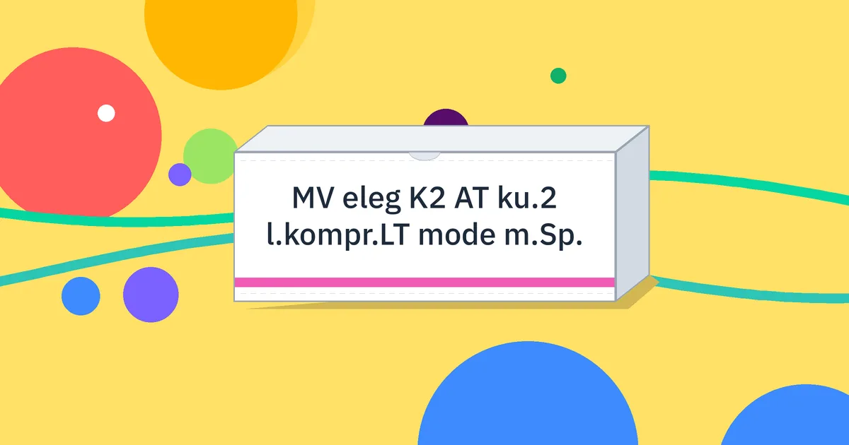 Symbolbild: Packung mit der Aufschrift MV eleg K2 AT ku.2 l.kompr.LT mode m.Sp. (PZN 06190208) – Verfügbarkeit und Bezug in Apotheken in Frankfurt am Main