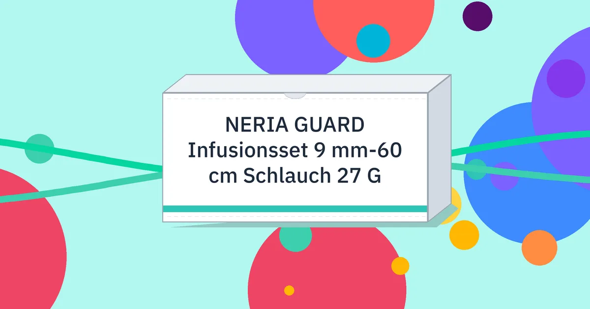 Symbolbild: Packung mit der Aufschrift NERIA GUARD Infusionsset 9 mm-60 cm Schlauch 27 G (PZN 19365129) – Verfügbarkeit und Bezug in Apotheken in Frankfurt am Main