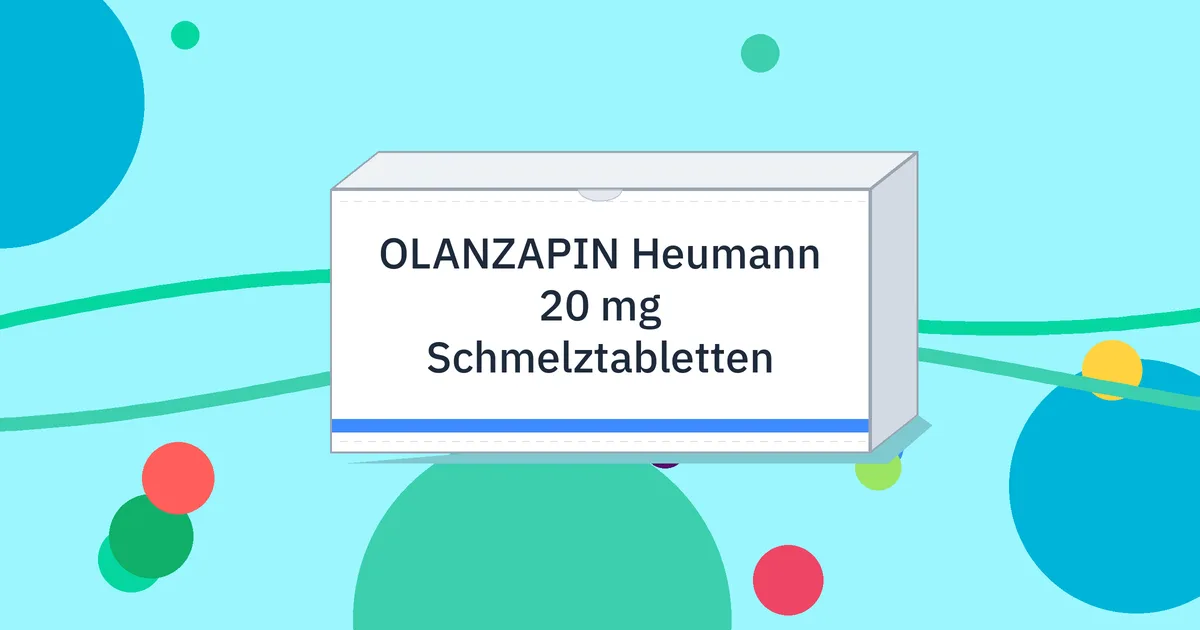 Symbolbild: Packung mit der Aufschrift OLANZAPIN Heumann 20 mg Schmelztabletten (PZN 08850502) – Verfügbarkeit und Bezug in Apotheken in Frankfurt am Main