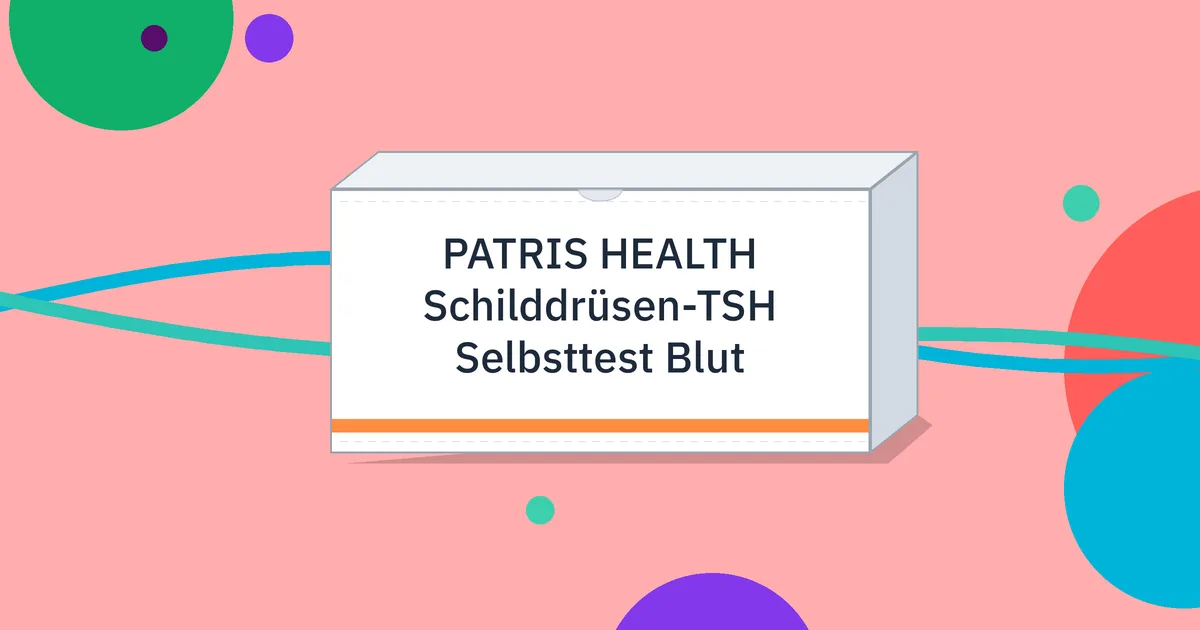 Symbolbild: Packung mit der Aufschrift PATRIS HEALTH Schilddrüsen-TSH Selbsttest Blut (PZN 18133836) – Verfügbarkeit und Bezug in Apotheken in Frankfurt am Main