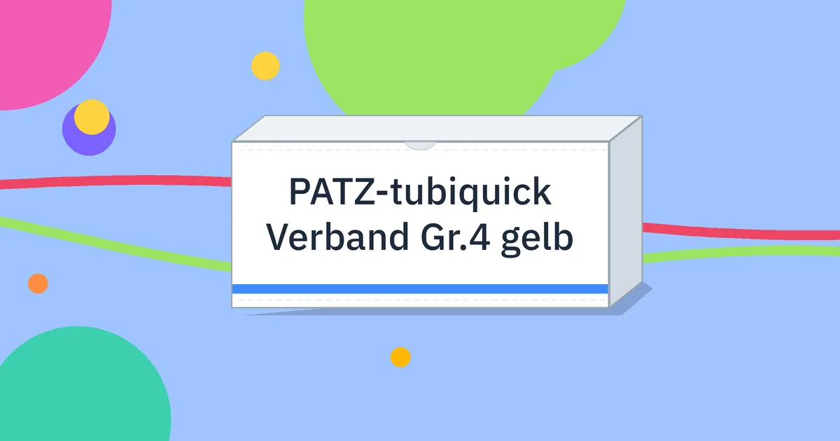 Symbolbild: Packung mit der Aufschrift PATZ-tubiquick Verband Gr.4 gelb (PZN 06815335) – Verfügbarkeit und Bezug in Apotheken in Frankfurt am Main