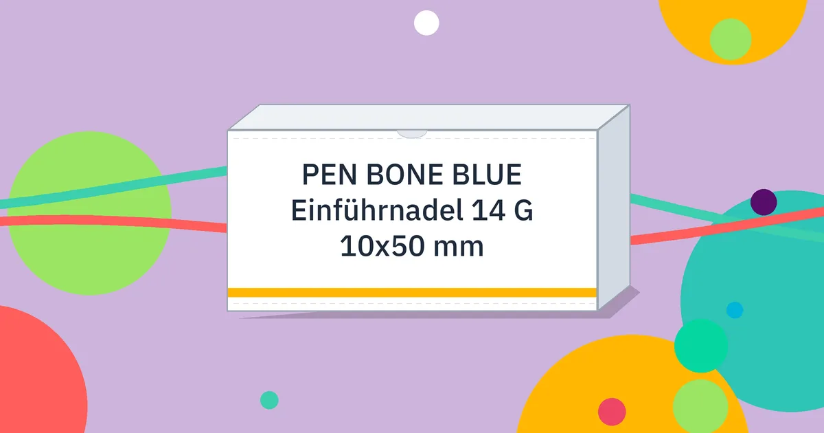 Symbolbild: Packung mit der Aufschrift PEN BONE BLUE Einführnadel 14 G 10x50 mm (PZN 16919780) – Verfügbarkeit und Bezug in Apotheken in Frankfurt am Main