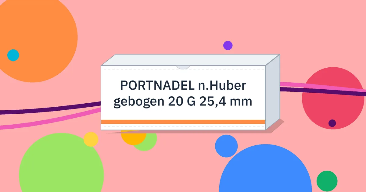 Symbolbild: Packung mit der Aufschrift PORTNADEL n.Huber gebogen 20 G 25,4 mm (PZN 00435525) – Verfügbarkeit und Bezug in Apotheken in Frankfurt am Main