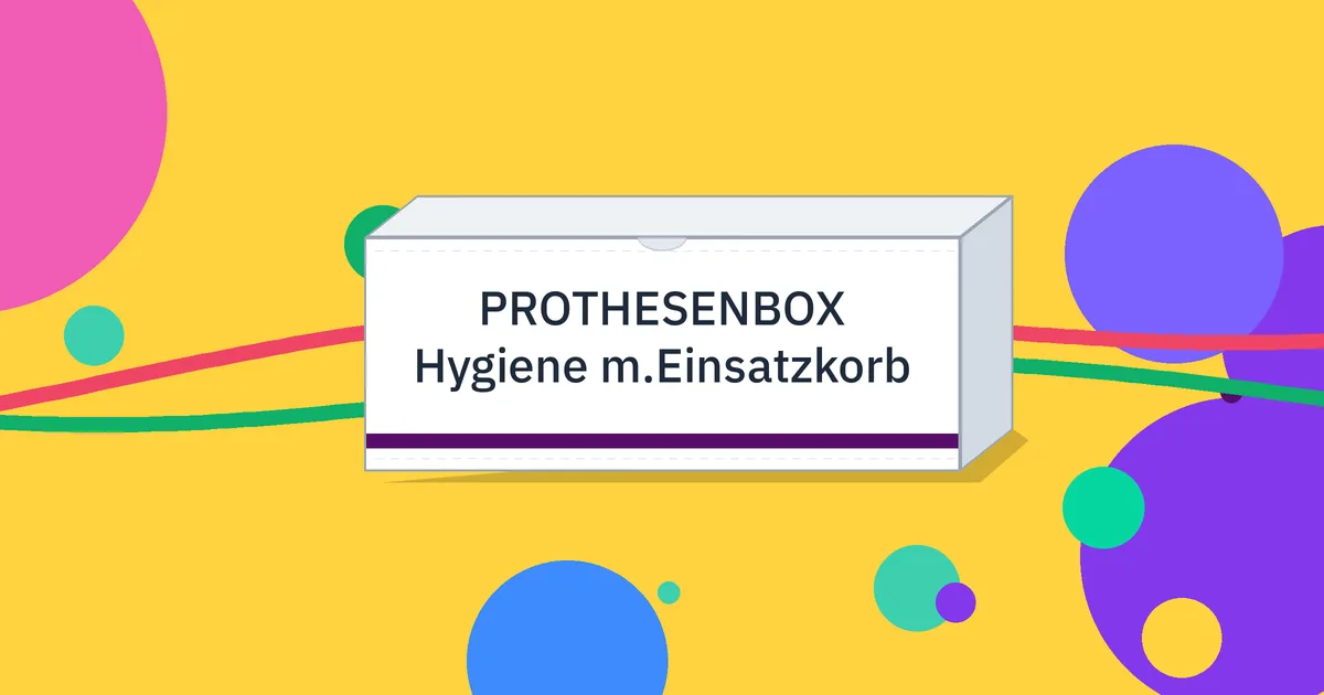 Symbolbild: Packung mit der Aufschrift PROTHESENBOX Hygiene m.Einsatzkorb (PZN 04445816) – Verfügbarkeit und Bezug in Apotheken in Frankfurt am Main