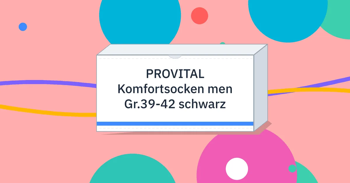 Symbolbild: Packung mit der Aufschrift PROVITAL Komfortsocken men Gr.39-42 schwarz (PZN 11080953) – Verfügbarkeit und Bezug in Apotheken in Frankfurt am Main