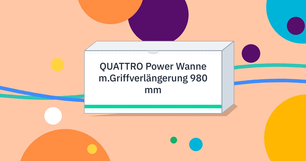 Symbolbild: Packung mit der Aufschrift QUATTRO Power Wanne m.Griffverlängerung 980 mm (PZN 06553970) – Verfügbarkeit und Bezug in Apotheken in Frankfurt am Main