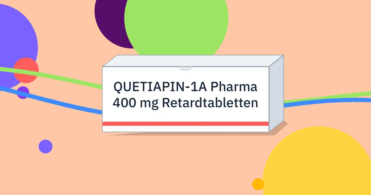 Symbolbild: Packung mit der Aufschrift QUETIAPIN-1A Pharma 400 mg Retardtabletten (PZN 09947244) – Verfügbarkeit und Bezug in Apotheken in Frankfurt am Main