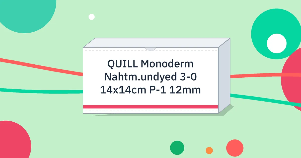 Symbolbild: Packung mit der Aufschrift QUILL Monoderm Nahtm.undyed 3-0 14x14cm P-1 12mm (PZN 17988694) – Verfügbarkeit und Bezug in Apotheken in Frankfurt am Main