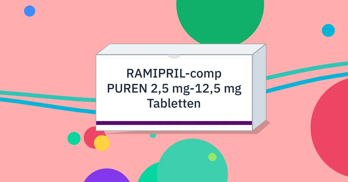 Symbolbild: Packung mit der Aufschrift RAMIPRIL-comp PUREN 2,5 mg-12,5 mg Tabletten (PZN 11357892) – Verfügbarkeit und Bezug in Apotheken in Frankfurt am Main