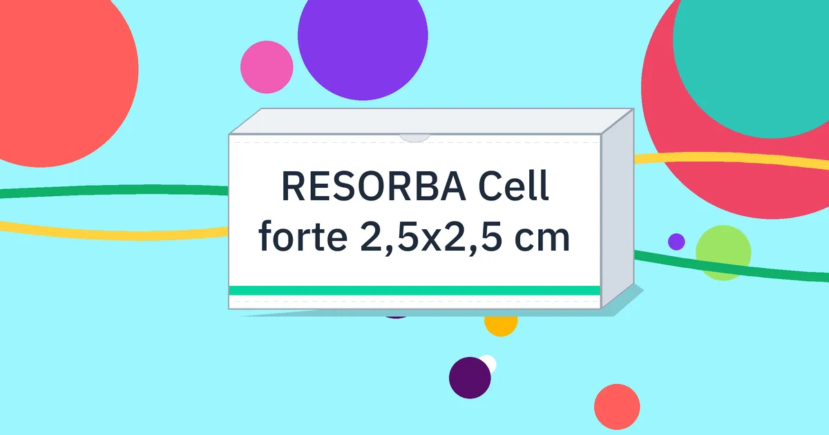 Symbolbild: Packung mit der Aufschrift RESORBA Cell forte 2,5x2,5 cm (PZN 04122964) – Verfügbarkeit und Bezug in Apotheken in Frankfurt am Main