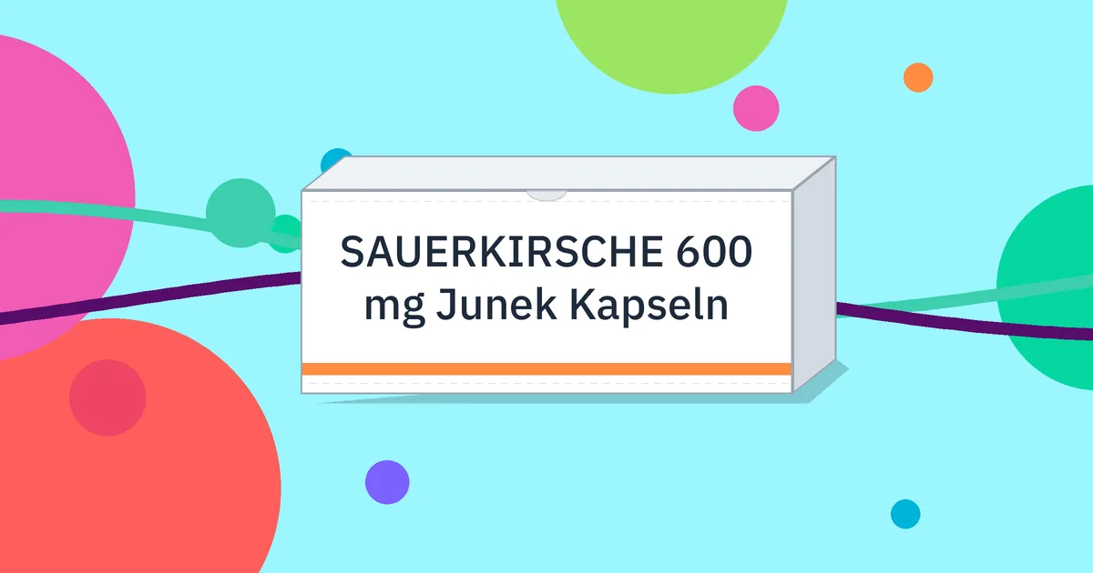 Symbolbild: Packung mit der Aufschrift SAUERKIRSCHE 600 mg Junek Kapseln (PZN 20856708) – Verfügbarkeit und Bezug in Apotheken in Frankfurt am Main