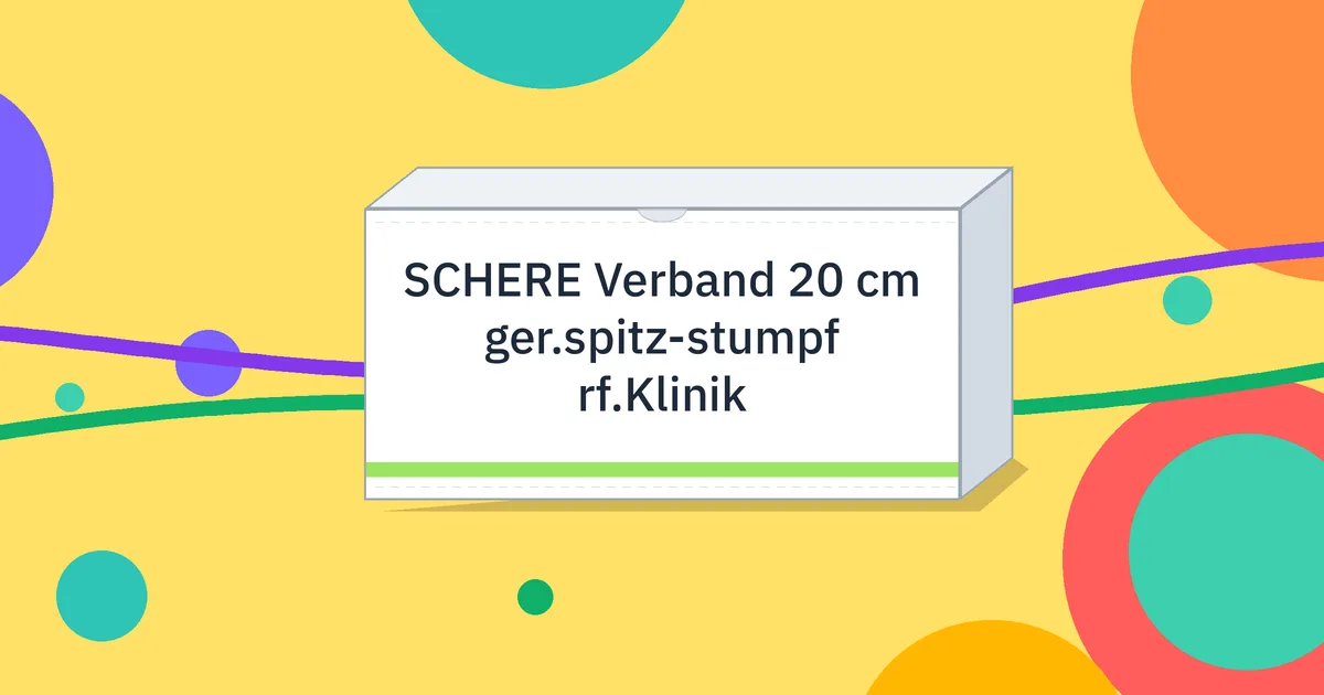 Symbolbild: Packung mit der Aufschrift SCHERE Verband 20 cm ger.spitz-stumpf rf.Klinik (PZN 10915568) – Verfügbarkeit und Bezug in Apotheken in Frankfurt am Main
