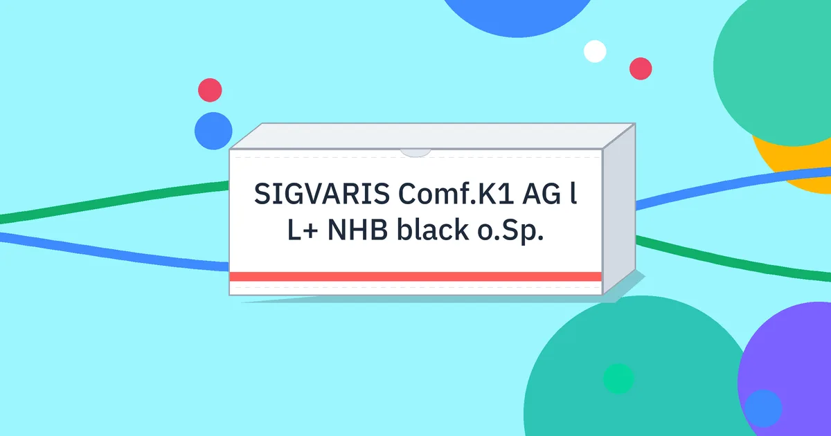 Symbolbild: Packung mit der Aufschrift SIGVARIS Comf.K1 AG l L+ NHB black o.Sp. (PZN 17099824) – Verfügbarkeit und Bezug in Apotheken in Frankfurt am Main
