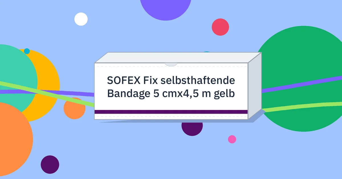 Symbolbild: Packung mit der Aufschrift SOFEX Fix selbsthaftende Bandage 5 cmx4,5 m gelb (PZN 18219420) – Verfügbarkeit und Bezug in Apotheken in Frankfurt am Main