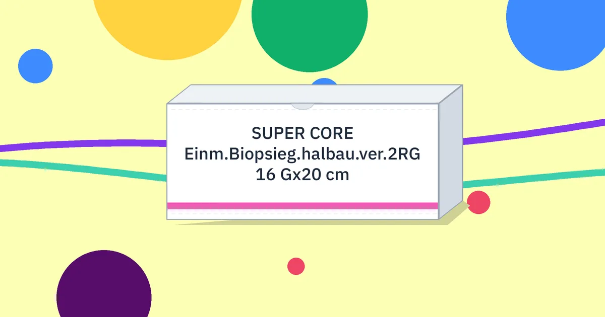 Symbolbild: Packung mit der Aufschrift SUPER CORE Einm.Biopsieg.halbau.ver.2RG 16 Gx20 cm (PZN 07100087) – Verfügbarkeit und Bezug in Apotheken in Frankfurt am Main