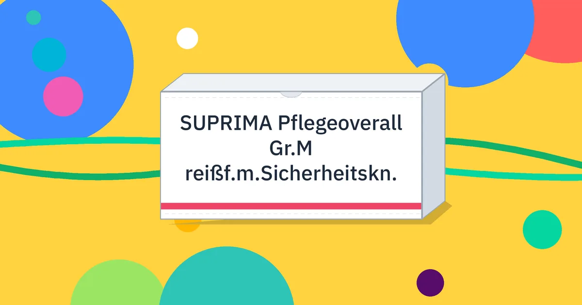 Symbolbild: Packung mit der Aufschrift SUPRIMA Pflegeoverall Gr.M reißf.m.Sicherheitskn. (PZN 00939183) – Verfügbarkeit und Bezug in Apotheken in Frankfurt am Main