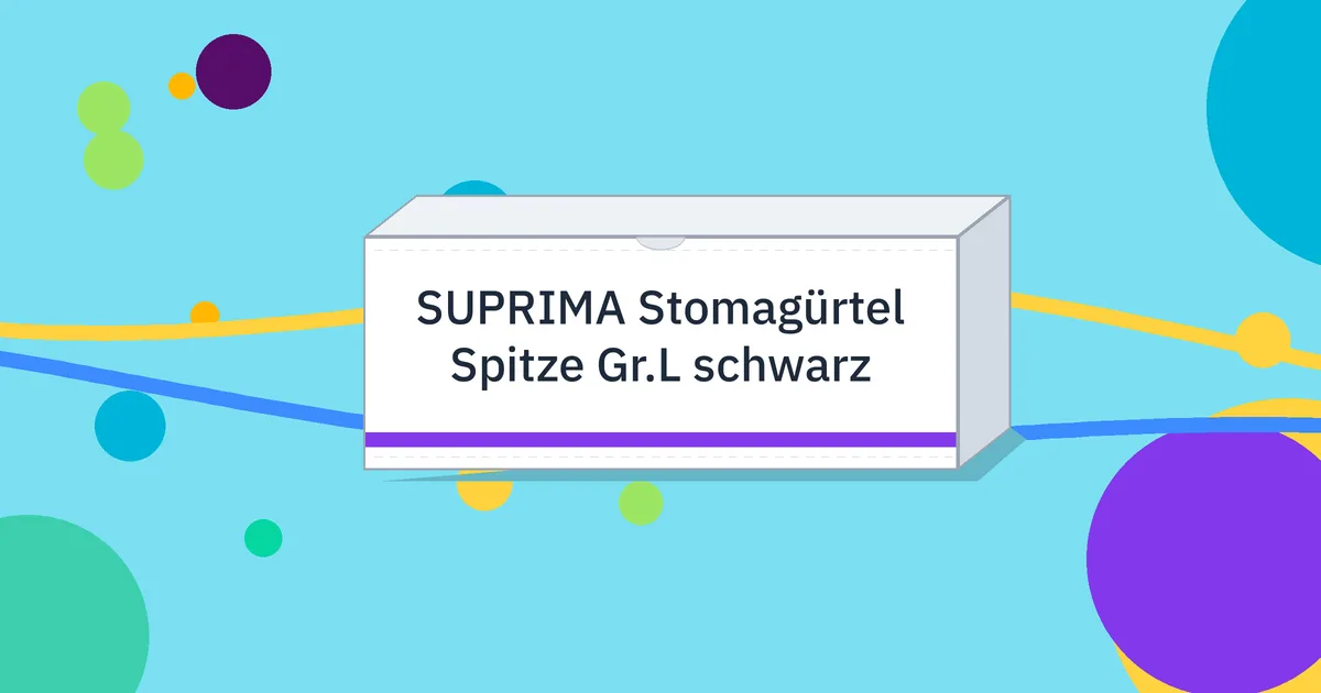 Symbolbild: Packung mit der Aufschrift SUPRIMA Stomagürtel Spitze Gr.L schwarz (PZN 11545145) – Verfügbarkeit und Bezug in Apotheken in Frankfurt am Main
