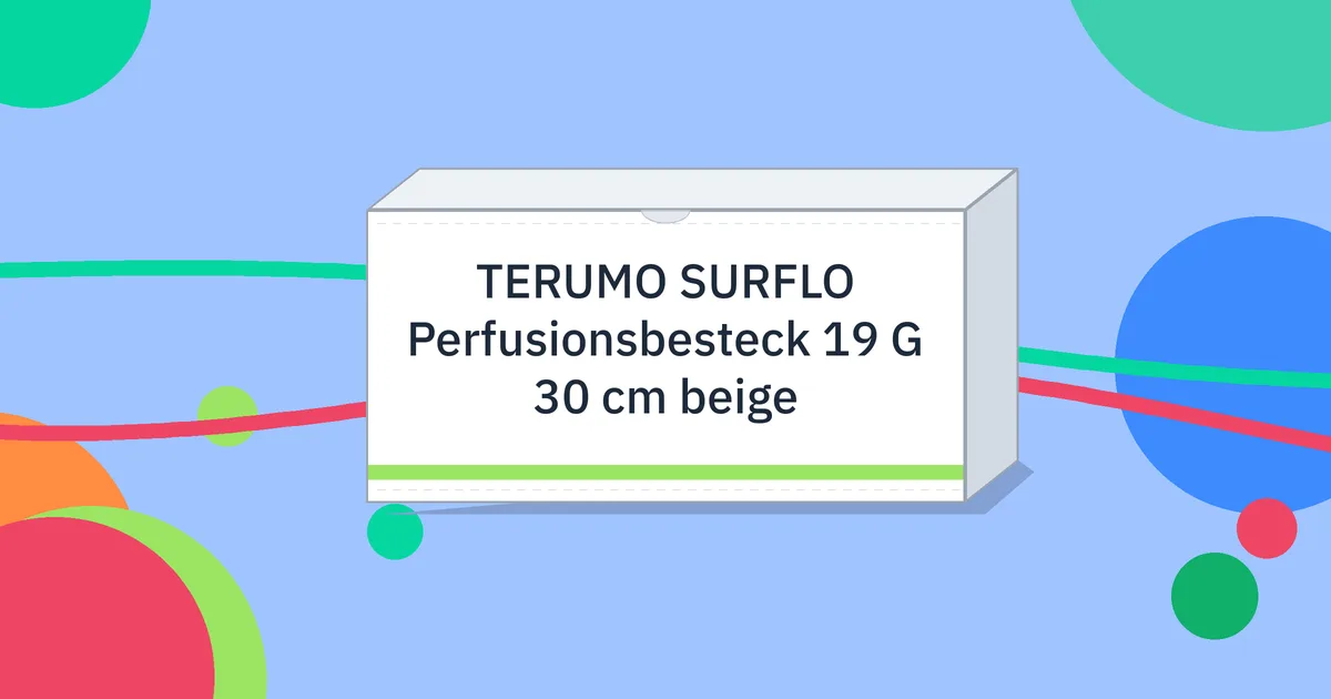 Symbolbild: Packung mit der Aufschrift TERUMO SURFLO Perfusionsbesteck 19 G 30 cm beige (PZN 09898103) – Verfügbarkeit und Bezug in Apotheken in Frankfurt am Main