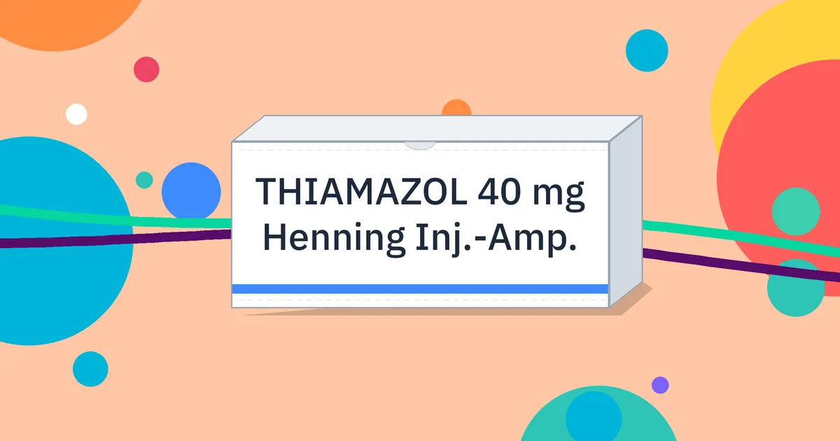 Symbolbild: Packung mit der Aufschrift THIAMAZOL 40 mg Henning Inj.-Amp. (PZN 02708654) – Verfügbarkeit und Bezug in Apotheken in Frankfurt am Main