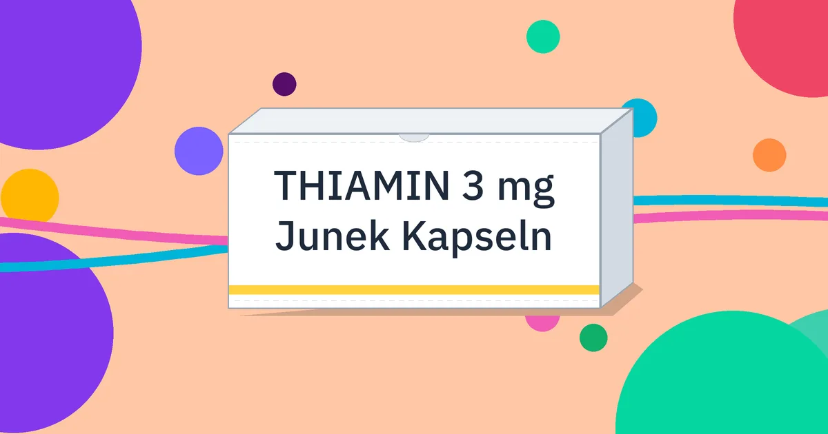 Symbolbild: Packung mit der Aufschrift THIAMIN 3 mg Junek Kapseln (PZN 20281544) – Verfügbarkeit und Bezug in Apotheken in Frankfurt am Main