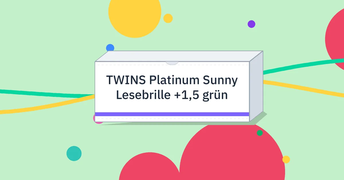 Symbolbild: Packung mit der Aufschrift TWINS Platinum Sunny Lesebrille +1,5 grün (PZN 13344155) – Verfügbarkeit und Bezug in Apotheken in Frankfurt am Main